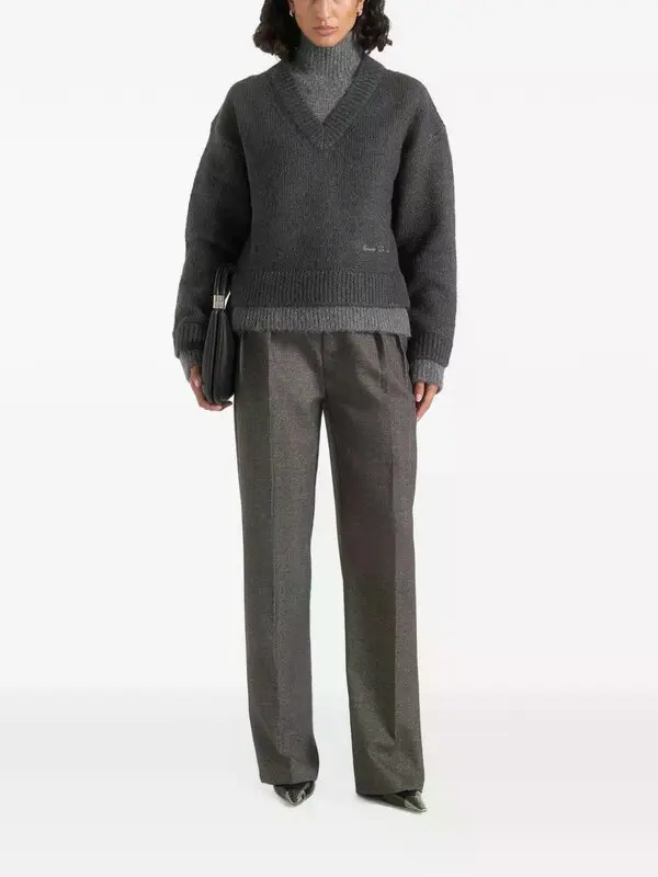 Manière De Voir Jacques In Charcoal Double-layer Wool-blend V-neck Knit Jumper
