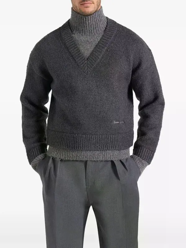 Manière De Voir Jacques In Charcoal Double-layer Wool-blend V-neck Knit Jumper - Grey