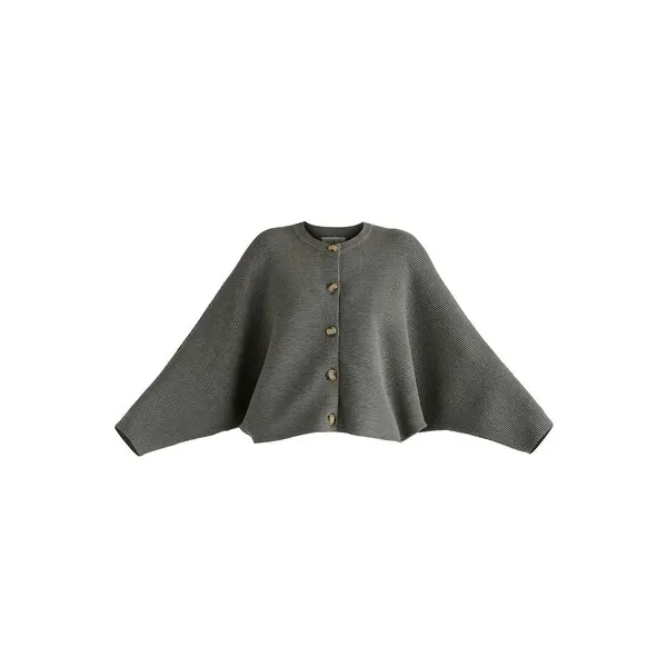 PAISIE Ribbed Batwing Cardigan With Crew Neck And Button Front - Grey