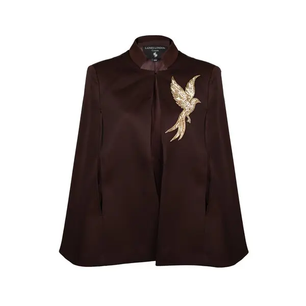 LAINES LONDON Brown/neutrals/gold Laines Chocolate Brown Couture Tailored Cape With Embellished Bird Of Paradise - Brown/gold