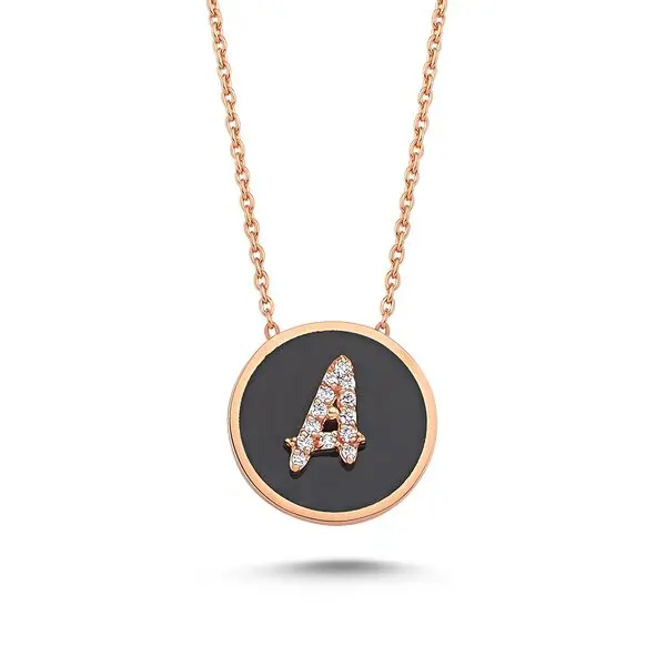 ECCE ARTISAN DIAMONDS 14k Solid Rose Gold Enamel Full Diamond Initial Necklace A Letter - Black