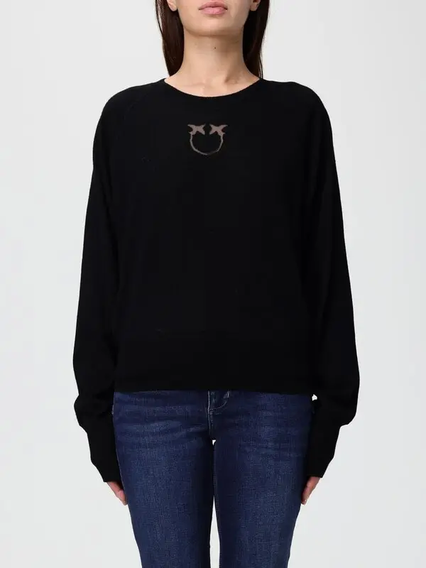 Pinko Wool Blend Crewneck Sweater With Inlaid Love Birds Logo - Black