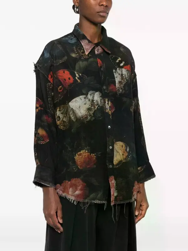 R13 Reversible Butterfly-print Frayed Shirt