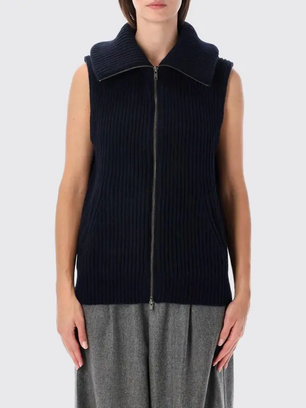 Soeur Pure Merino Wool Knit Vest With Zip Closure And Ribbed Collar - Blue