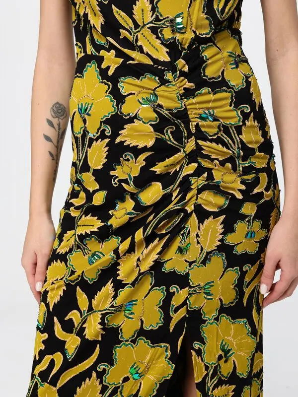 Diane Von Furstenberg Floral Print Long Sheath Dress With Ruched Waist And Front Slit