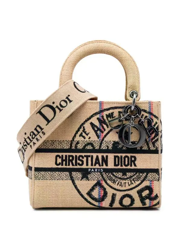 Dior 2022 Medium Jute Embroidered Lady D Lite Satchel - Neutrals