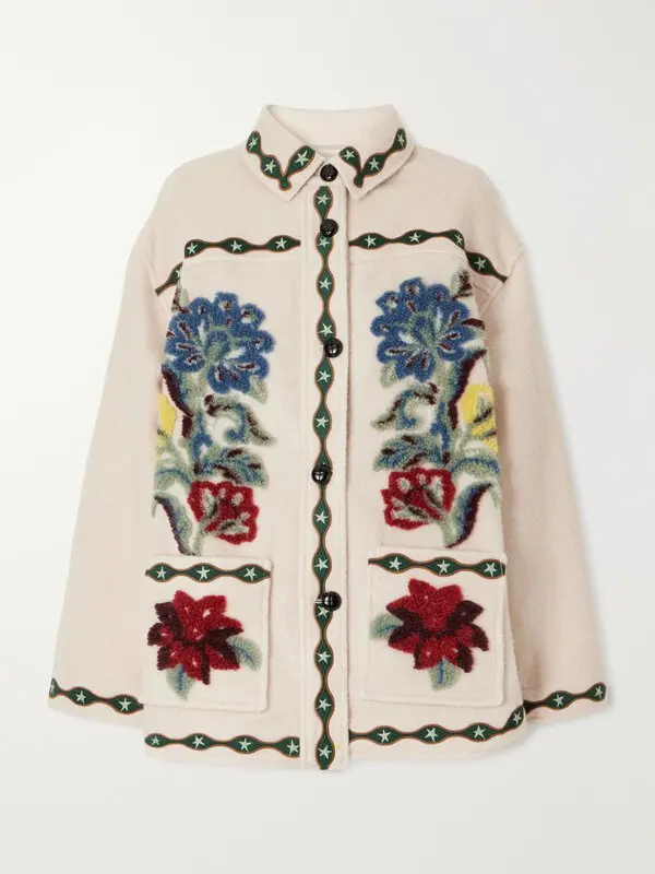 Farm Rio Embroidered Tufted Fleece Coat - Neutrals