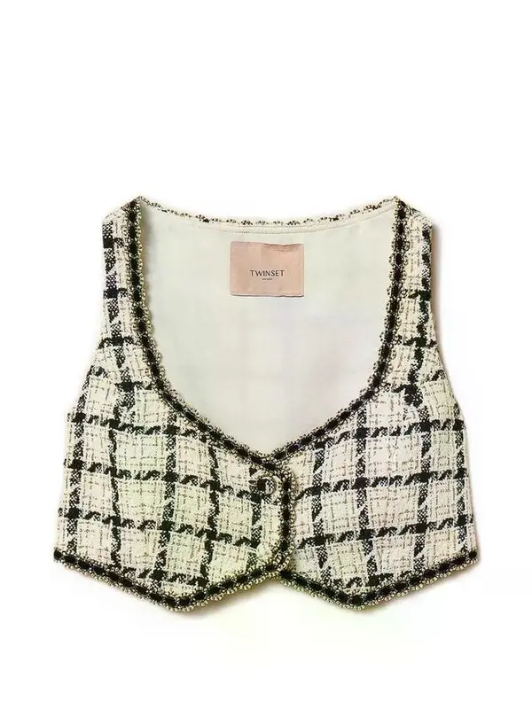 TWINSET Short Bouclé Top With Check Pattern - Neutrals