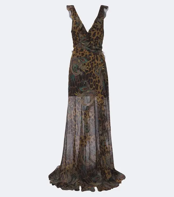 Etro Printed Ruffled Seersucker Gown