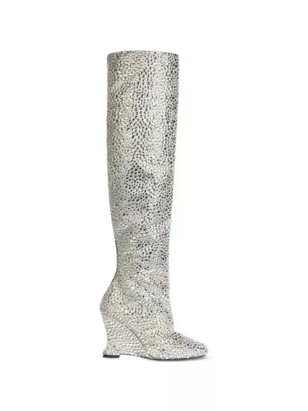 Balmain Wedge Thigh-high Satin Boots With Crystals - Silver