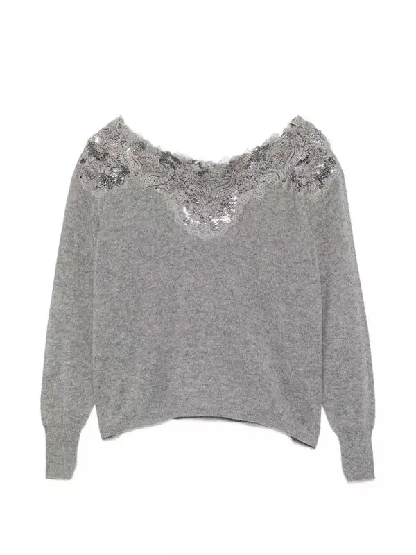 Ermanno Scervino Lace-trimmed Sequin-embellished Sweater - Grey