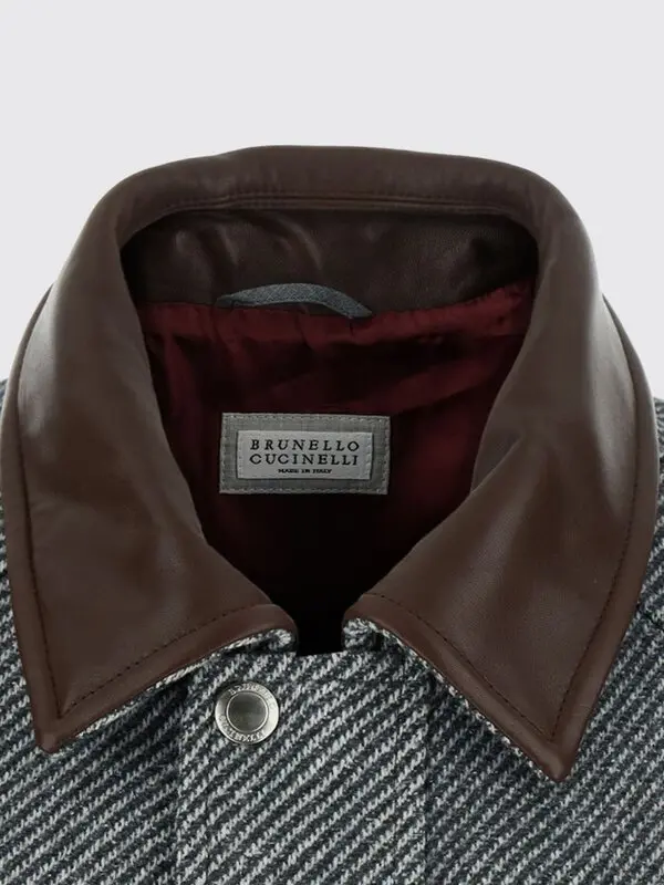 Brunello Cucinelli Striped Cashmere Single-breasted Peacoat With Leather Collar