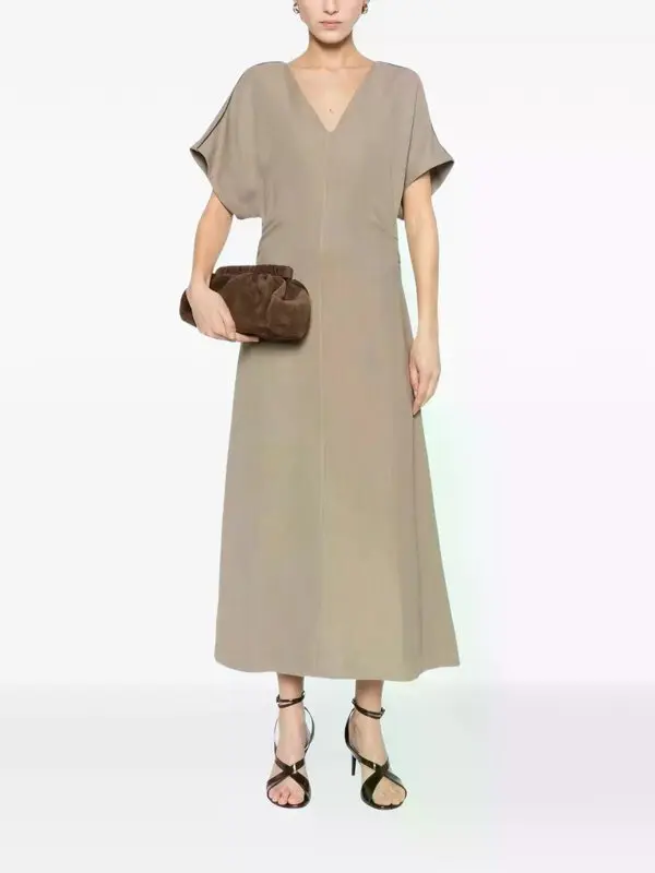 Brunello Cucinelli Monili-trim V-neck Midi Dress - Neutrals