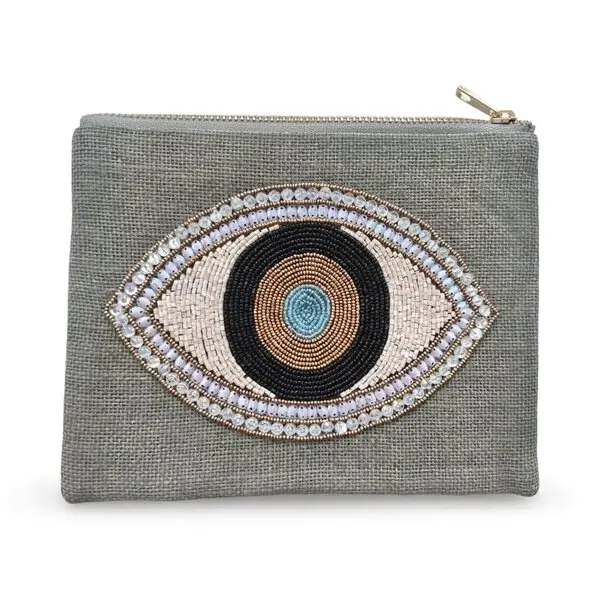 CASA DUNIYA Manika Gray Cosmetic Pouch – Hand-beaded Evil Eye On Jute - Grey