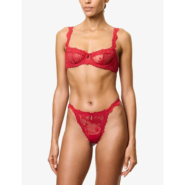 Lounge Adorn Semi-sheer Stretch-lace Thong - Red