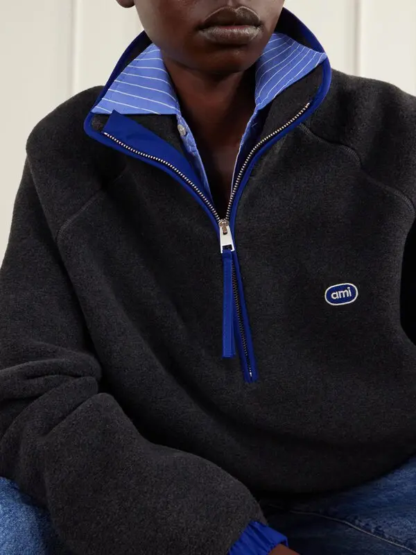 AMI Paris Logo-embroidered Shell-trimmed Fleece Half-zip Jacket