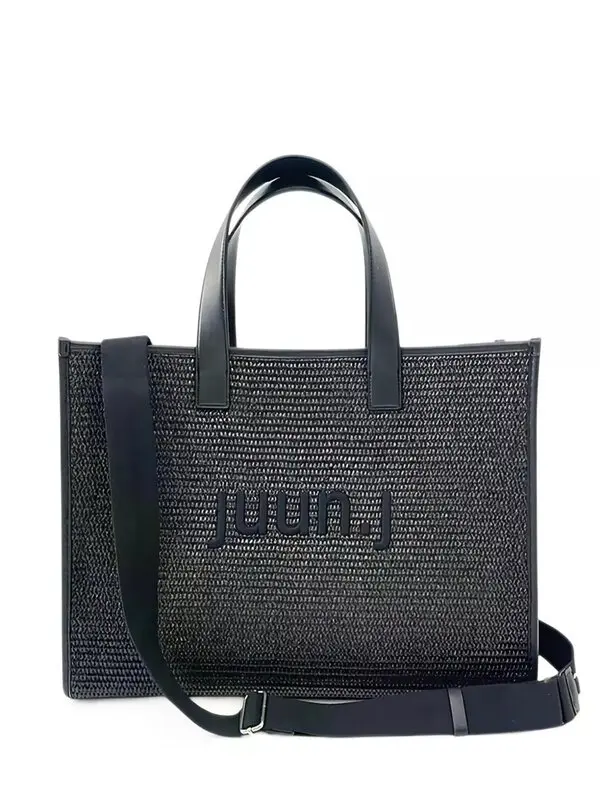 JUUN.J Logo-embroidered Raffia Tote Bag - Black