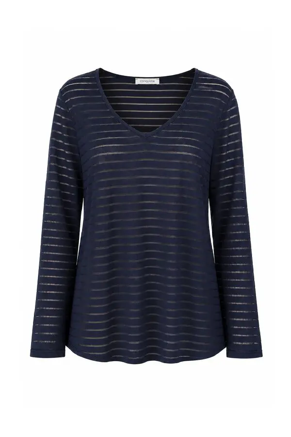 CONQUISTA Sheer Stripe Long-sleeve V-neck Top