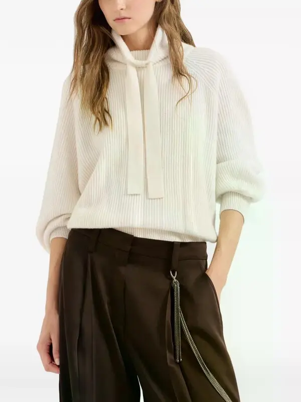 Brunello Cucinelli Cashmere English-rib Turtleneck Sweater With Ribbon - Neutrals
