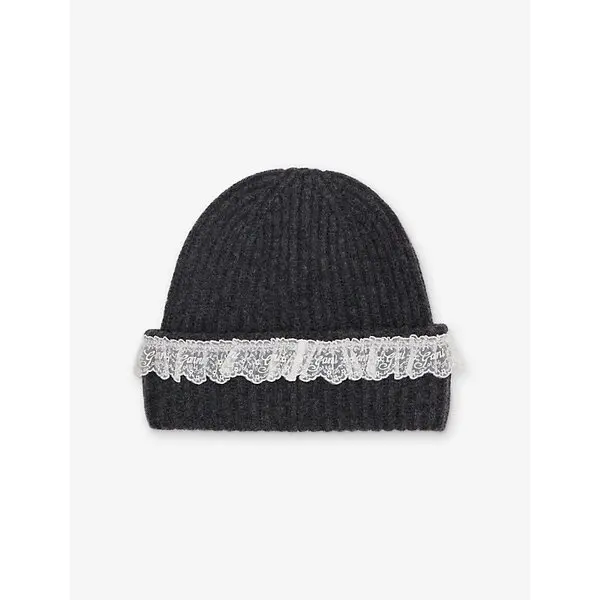 GANNI Compact Lace-edge Trim Wool Beanie - Phantom
