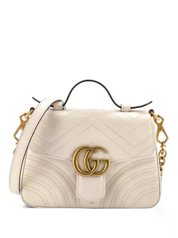 Gucci Gg Marmont Top Handle Flap Bag Matelasse Leather Mini Satchel - White