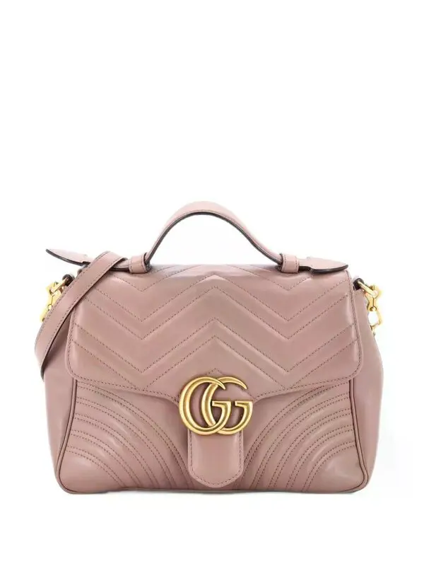 Gucci Gg Marmont Top Handle Flap Bag Matelasse Leather Small Satchel - Neutrals