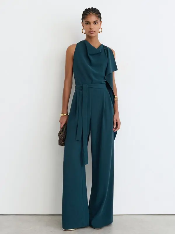 REISS Draped-detail Belted Wide-leg Jumpsuit - Teal Green
