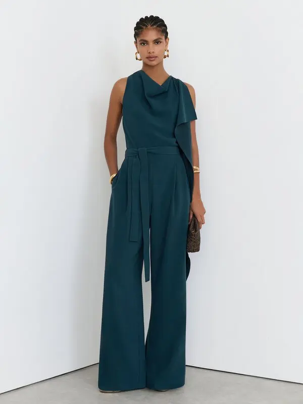 REISS Draped-detail Belted Wide-leg Jumpsuit - Teal Green