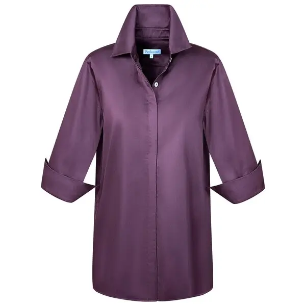 PERLAVERA Cely Burgundy Solid Cotton Satin Three Quarter Sleeve Length Missy Fit Shirt - Brown