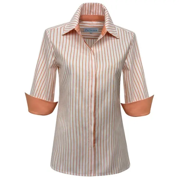 PERLAVERA Sam Stripe Hidden Placket Three Quarter Sleeve Slim Fit Cotton Oxford Shirt - Orange