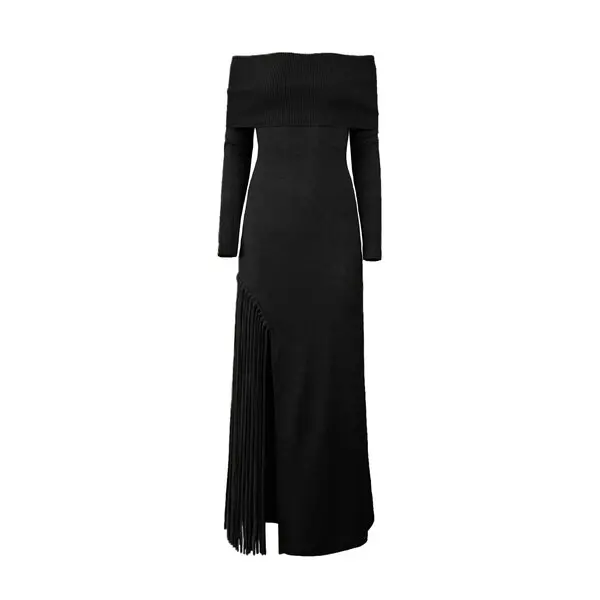 SOLGO ATELIER Peris On Or Off-shoulder Cashmere Maxi Dress In With Embellished Hand-knotted Fringe Side Cut - Black