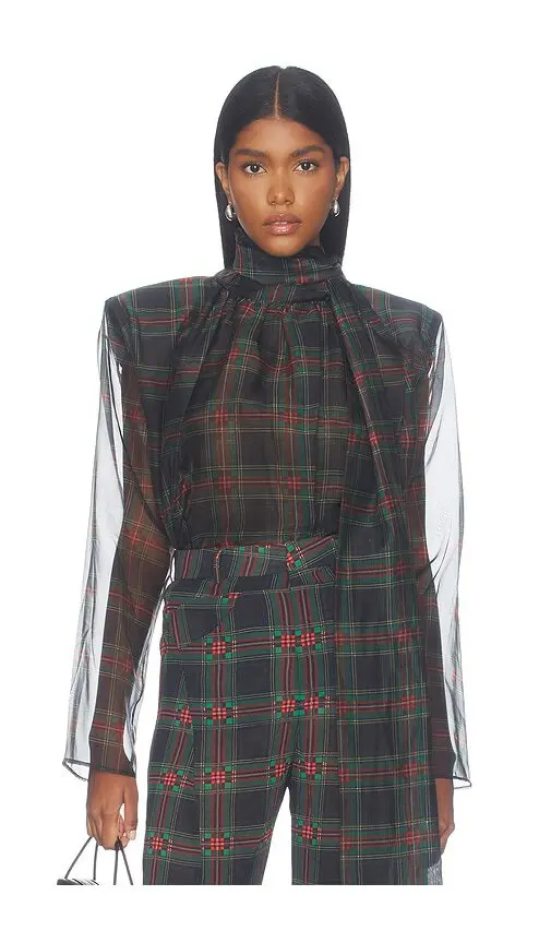 BRONX BANCO Plaid Long Sleeve Organza Blouse With Tie