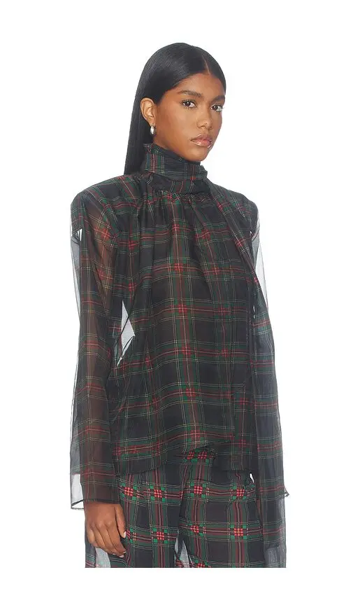 BRONX BANCO Plaid Long Sleeve Organza Blouse With Tie