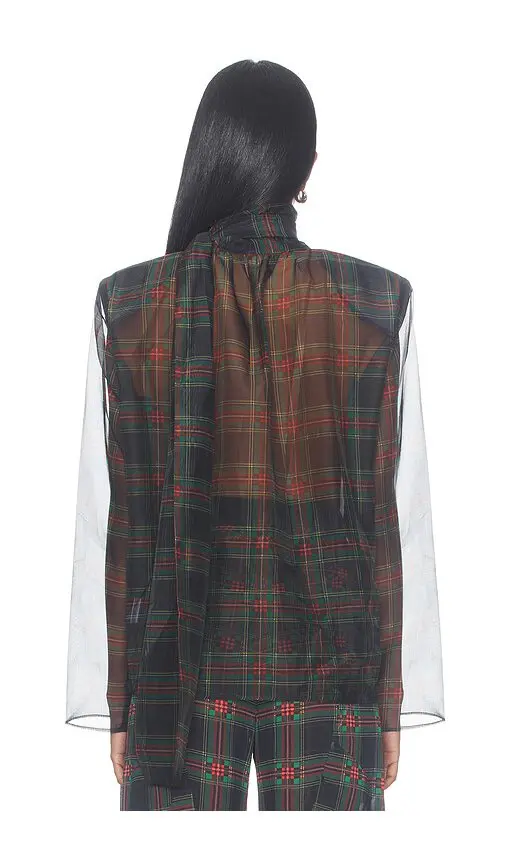 BRONX BANCO Plaid Long Sleeve Organza Blouse With Tie