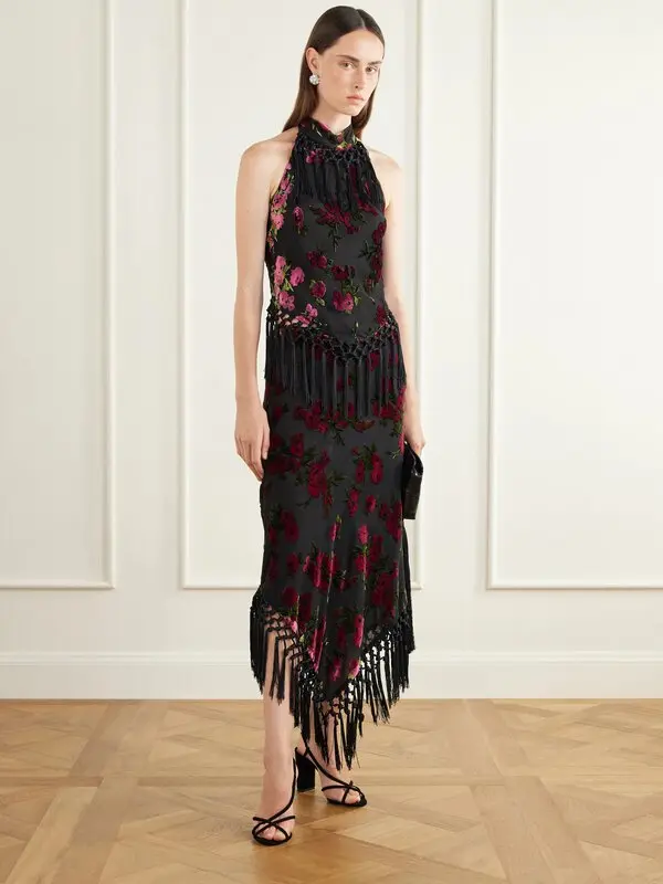 Anna Sui Floral-flock Fringe-trimmed Crepe Halterneck Top