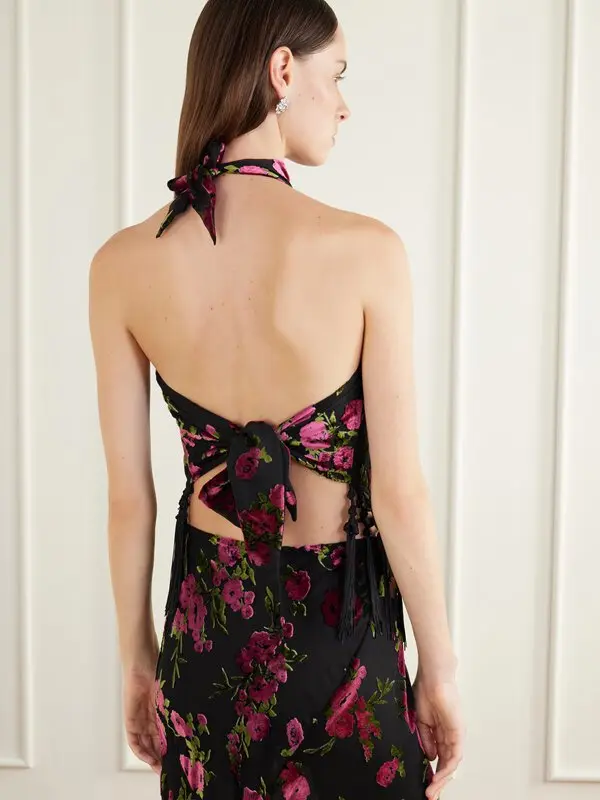 Anna Sui Floral-flock Fringe-trimmed Crepe Halterneck Top