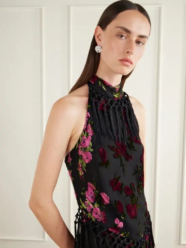 Anna Sui Floral-flock Fringe-trimmed Crepe Halterneck Top