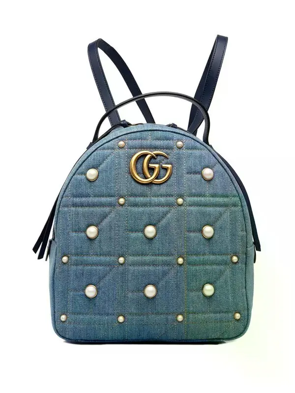 Gucci 2016-2026 Small Gg Marmont Pearl Studded Matelasse Denim Backpack