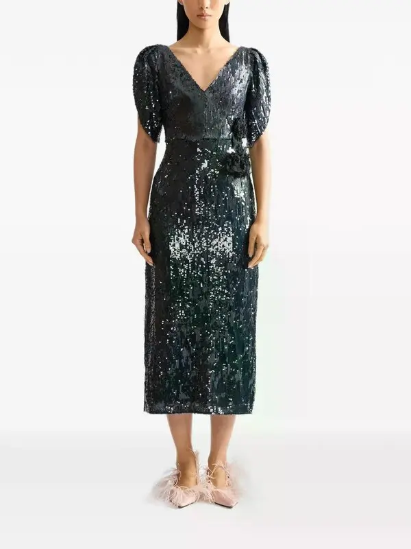 Erdem Sequin-embellished Floral-applique Midi Dress
