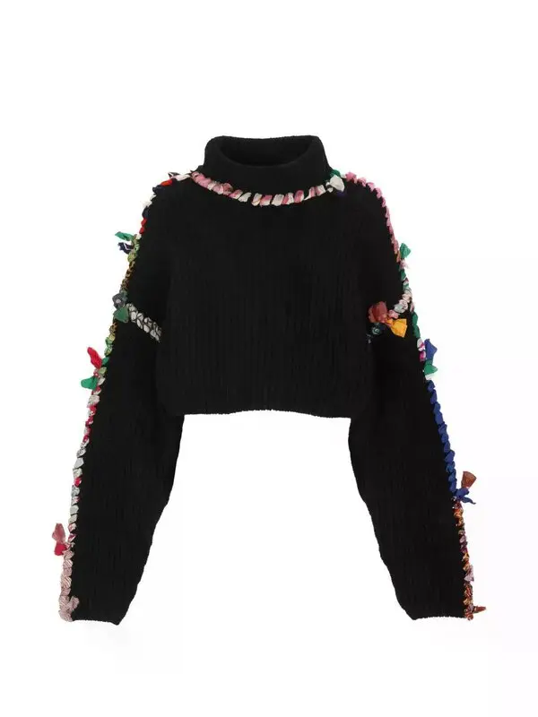 MARINE SERRE Regenerated Silk Scarves Cropped High Neck Sweater - Black