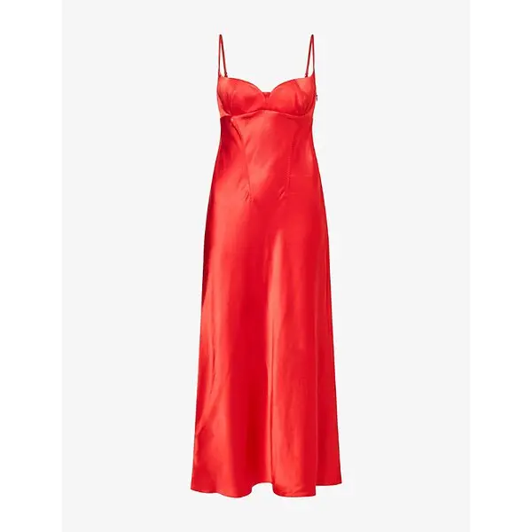Anna October Sculpted Bodice Satin Midi Dress - Red