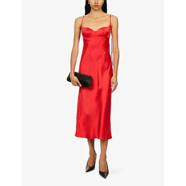 Anna October Sculpted Bodice Satin Midi Dress - Red