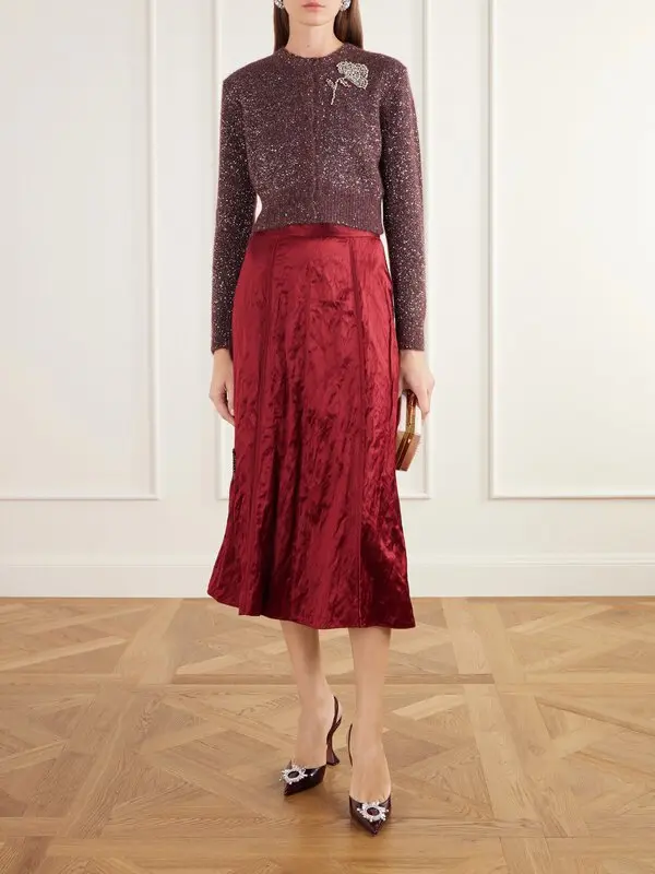 Erdem Crystal-embellished Crinkled-satin Midi Skirt