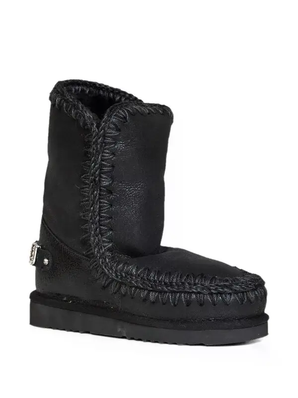 Mou Crochet-stitch Sheepskin Snow Boots - Black