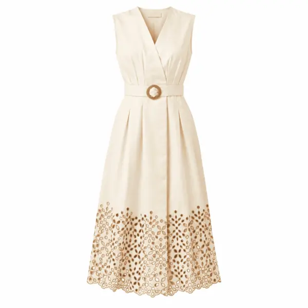 EXQUISE Neutrals Mackenzie V Neck Belted Pocket Midi Dress Cream - White