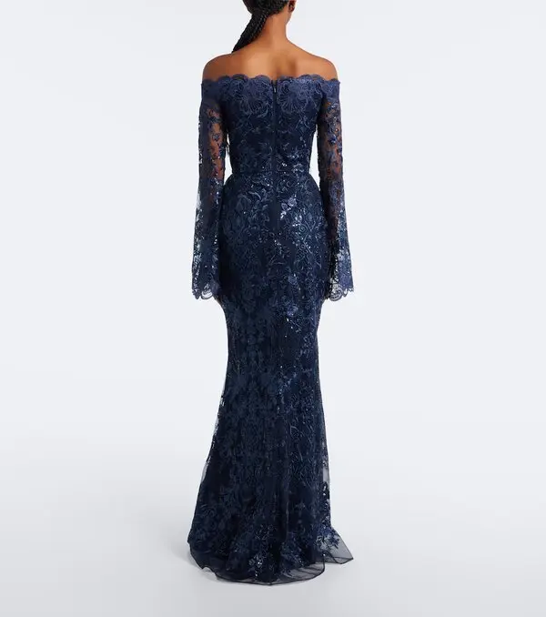 Elie Saab Sequined Off-shoulder Lace Bustier Gown
