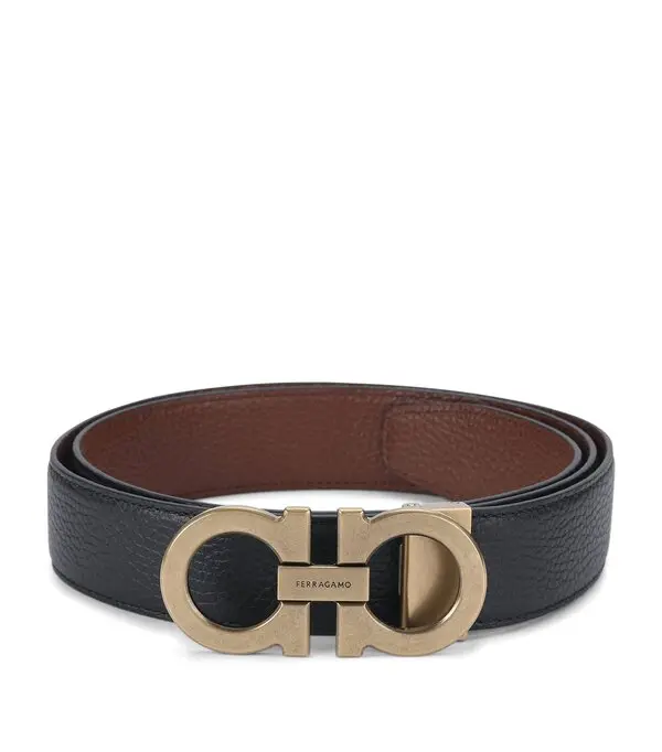 FERRAGAMO Leather Double Gancini Belt - Navy