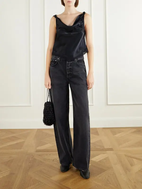 DÔEN Manon Gathered Lace-trimmed Silk-satin Top - Black