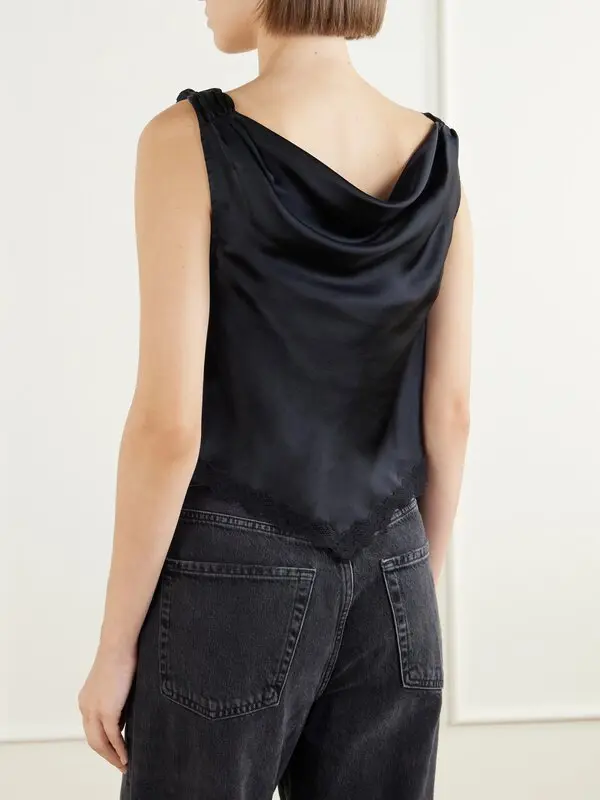 DÔEN Manon Gathered Lace-trimmed Silk-satin Top - Black
