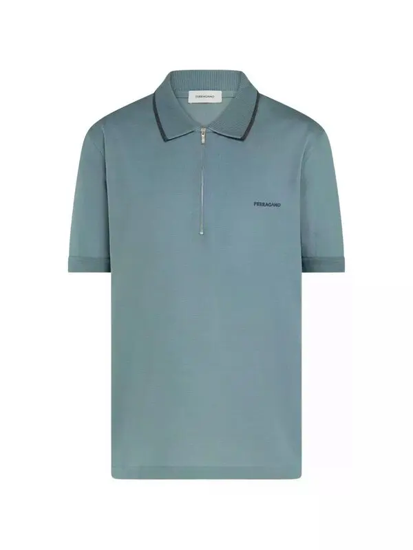 FERRAGAMO Cotton Polo Shirt With Zip Detail - Blue